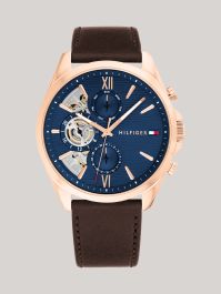 ساعة بقرص أزرق وسوار جلدي | تومي هيلفيغر