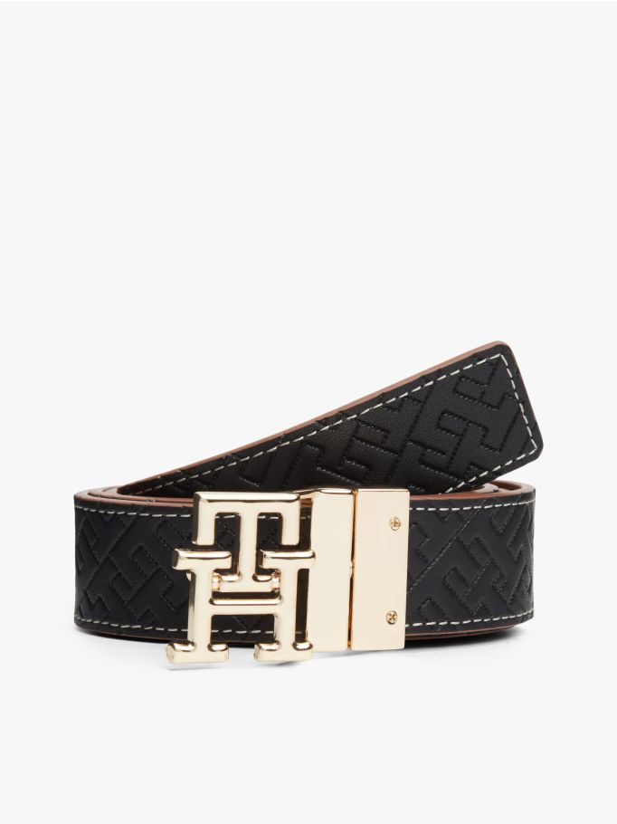 TH Monogram Buckle Reversible Leather Belt - Black | Tommy Hilfiger
