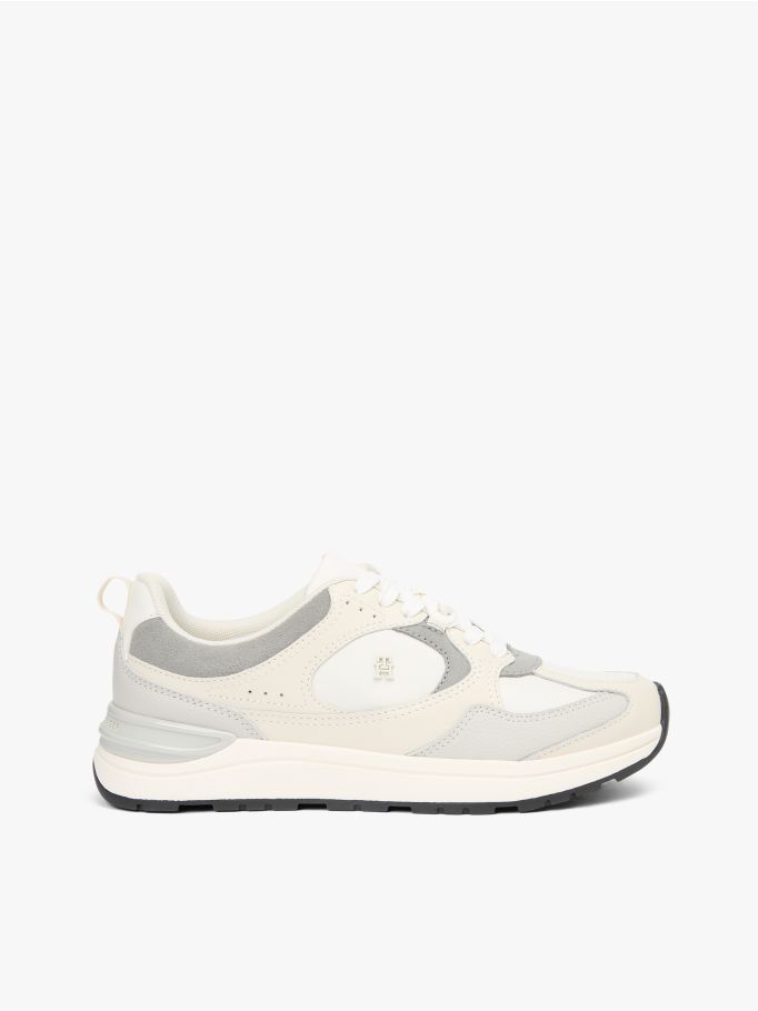 Beige TH Mixed-Texture Leather Trainers | Tommy Hilfiger