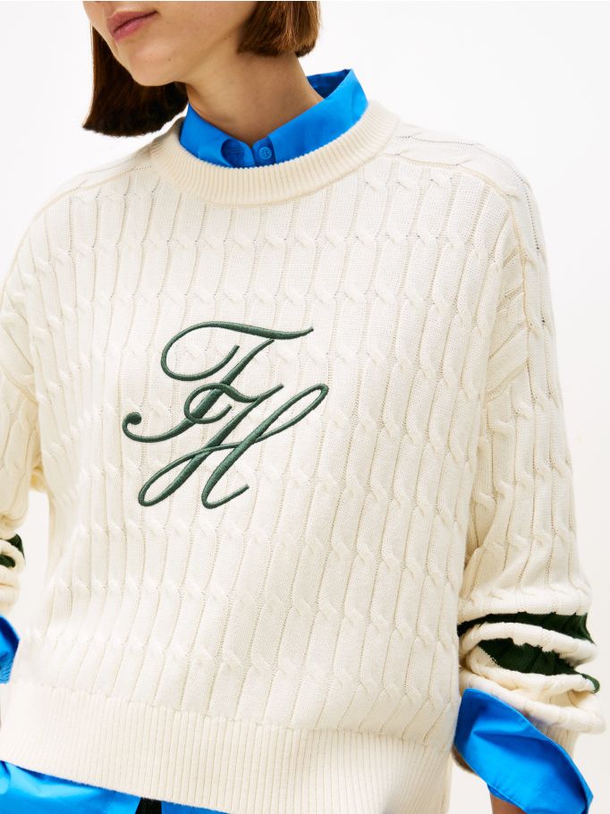 Logo Embroidery Cable Knit Jumper – Beige | Tommy Hilfiger